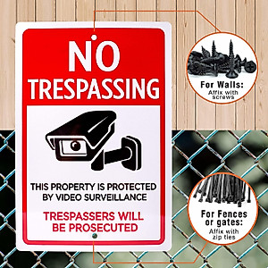 Bolthead Industrial No Trespassing Sign 3-Pack | 18inches x 12inches Reflective Video Surveillance Pre-Drilled Metal Industrial Warning Sign for Private Property, Parking Lots, Home Driveways, Yards, Businesses, Security Cameras