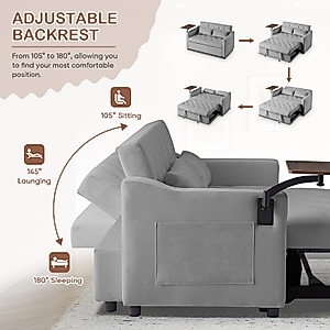 Antetek 3 in 1 Convertible Sofa Bed w/360° Rotating Side Table, 53" Modern Velvet Loveseat Sofa, Sleeper Pullout Bed w/Adjustable Backrest for Living Room Apartment, Office, Small Space, Grey