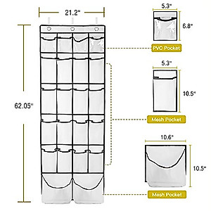 ULG Over The Door Shoe Organizer Shoe Holder with 22 Extra Large Clear Pockets Hanging Shoe Organizer with 3 Adjustable Metal Hooks for Bedroom Closet Bathroom Kitchen, 2 Pack White (62 x 21 inch)
