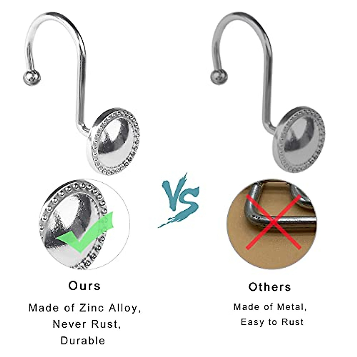 Shower Curtain Hooks, Set of 12 Chrome Shower Curtain Rings, Rust-Resistant Shower Hooks for Bathroom Shower Rod Curtains, Decorative Shower Curtain Hooks