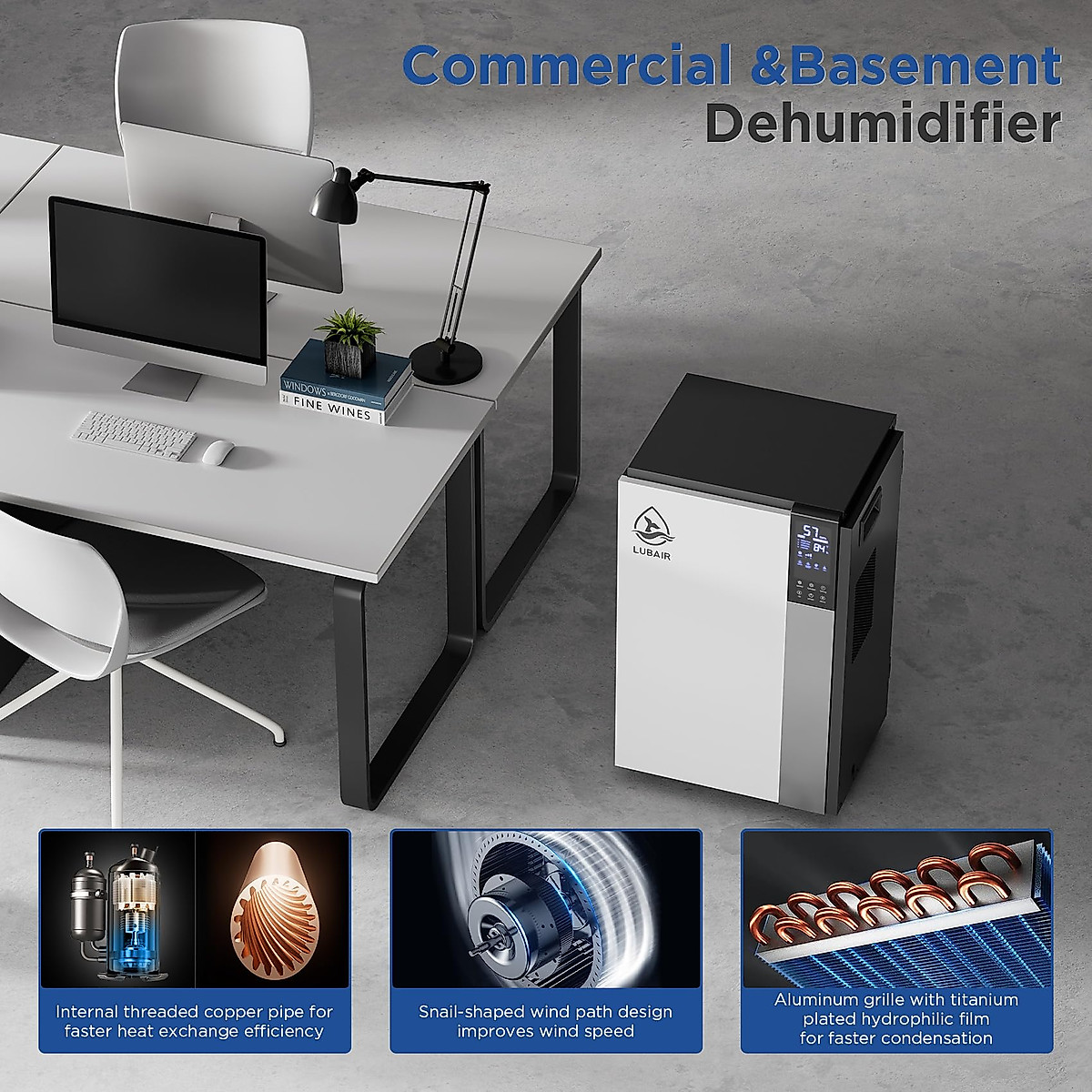 LUBAIR 190 Pint Commercial Dehumidifier for Basement with Drain Hose Dehumidifier for Large Room and 2.4 Gal Water Tank for Commercial Spaces to 7000 Sq.Ft.Auto Defrost.