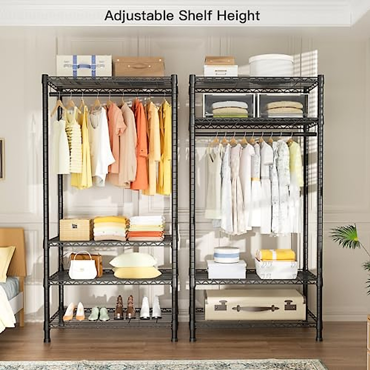 Ulif H2 Heavy Duty Clothes Rack, Freestanding 4 Tiers Garment Rack for Hanging Clothes with Shelves and Hangers, Closet Organizers and Storage Metal Closet Wardrobe System, Max Load 500 LBS, Black