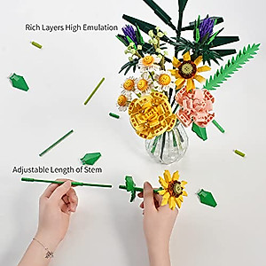 PinkBee Flower Bouquet Flowers Rose Sunflower Building Block Sets Christmas Valentines Gifts Creative Home Decor Toys Kits for Her Girlfriends Women Adults Wife Kids 6+ 6-12 8-12