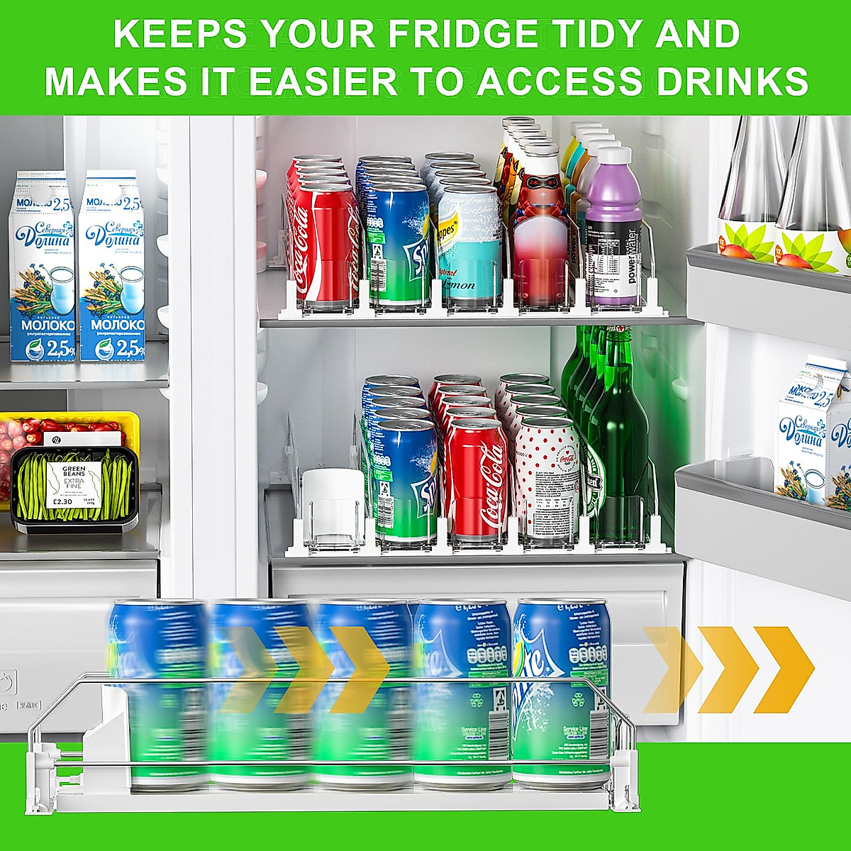 KUUKIKV Drink Organizer for Fridge, Upgraded Soda Can Dispenser for Refrigerator, Automatic Pusher Glide and Adjustable Width Can Organizer for Refrigerator - Holds up to 25 Cans (5 Rows White)