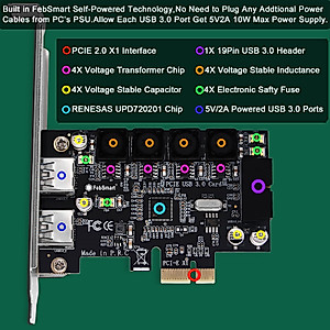 FebSmart 1X 19Pin USB 3.0 Header and 2X USB-A Ports PCIE USB 3.0 5Gbps Expansion Card for Windows and Linux Desktop PCs, Built in Self-Powered Technology, No Need Additional Power Supply (FS-HA-Pro)