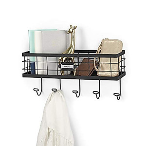 Spectrum Diversified Vintage Wall Mount Entryway or Office Basket Organizer & Hook Station, 5-Hook, Black