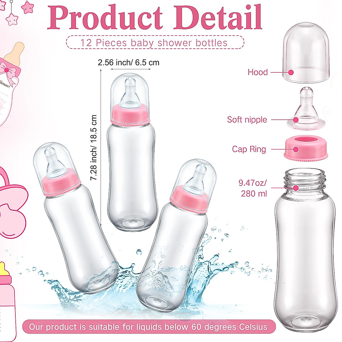 Roowest Baby Bottles for Baby Shower Games Bottle Chug 12 Pcs Plastic Baby Bottles Bulk and Bottle Chug Sign Baby Bottle Chugging Games for Party Gender Reveal Wedding Bridal Shower(Lovely Bear)