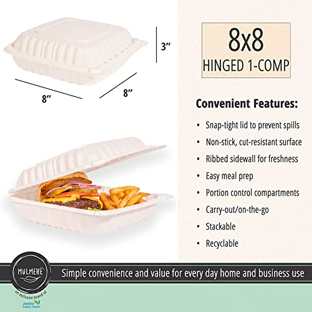 MULMEHË Eco-Friendly Mineral Filled Polypropylene Plastic Hinged Take Out Food Containers, 8x8x3, Vented Single Compartment, Natural White, 100 Pack