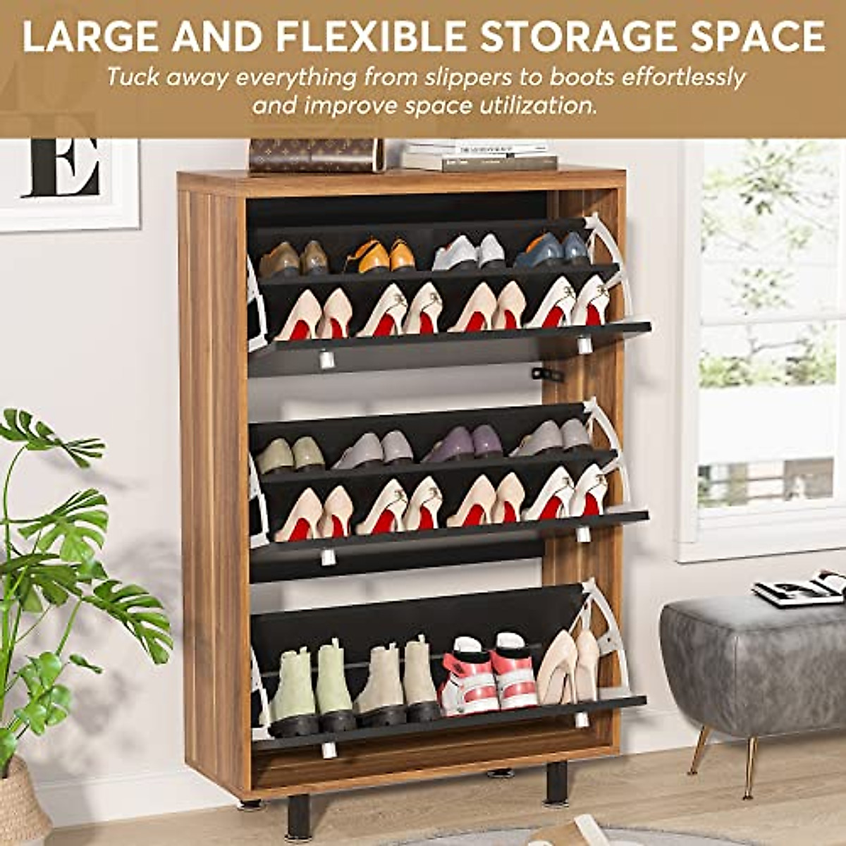 Tribesigns 3 Drawer Shoe Cabinet, Freestanding Shoe Rack Storage Organizer with Flip Door, Modern Tipping Bucket Shoe Cabinet for Entryway, Hallway, Bedroom, Small Spaces, Walnut & Black