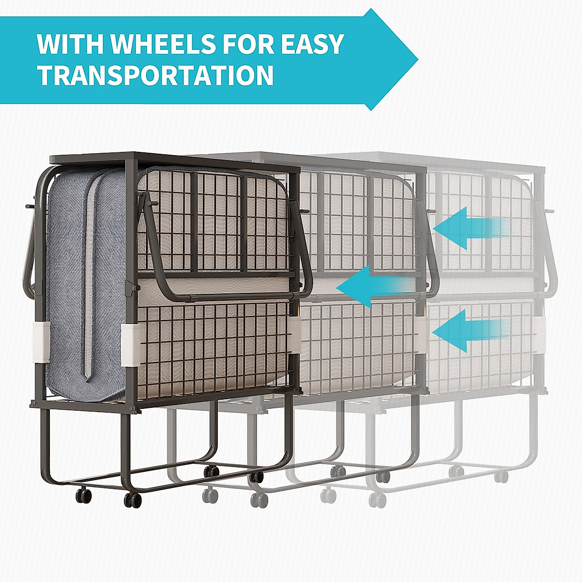 CECER Twin Size Rollaway Bed with 5 Inch Foam Mattress, 75" x 46" Folding Bed, Space-Saving Guest Bed with Headboard, Portable Foldable Bed for Adults with Sturdy Metal Frame and Dust Cover