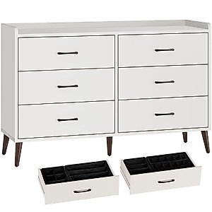 Rolanstar Drawer Dresser Quick Install, 6 Wooden Drawers Storage Dresser with Set of 4 Foldable Drawer Dividers, Modern Chest of Drawer with Anti-Tipping Device, Bedroom, Living Room, White