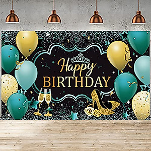 Glitter Teal Turquoise Happy Birthday Decoration for Women Green Gold Birthday Backdrop Champagne Glass Balloons Photo Booth Background High Heels Photography Background 72.8 x 43.3 Inch