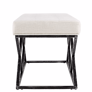 24KF Upholstered Tufted Long Bed Bench with Metal Frame Base, Linen Fabric Entryway Bench and Dining Bench- Ivory
