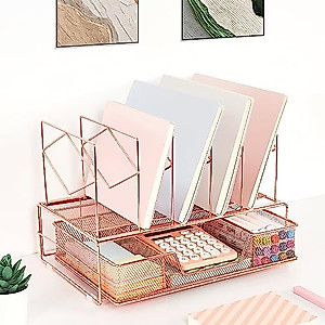 LEKETREE Rose Gold Desk Organizer with Drawers, Office Supplies for Women, Desk Organization with 5 Upright Sections, Desk Accessories & Workspace Organizers