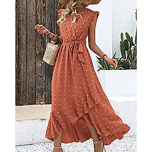 BTFBM Women's 2023 Summer Wrap V Neck Dress Ruffle Sleeve Swiss Dot Boho Ruffle Slit Beach Party Flowy Long Maxi Dresses(Swiss Dot Orange Red, Medium)