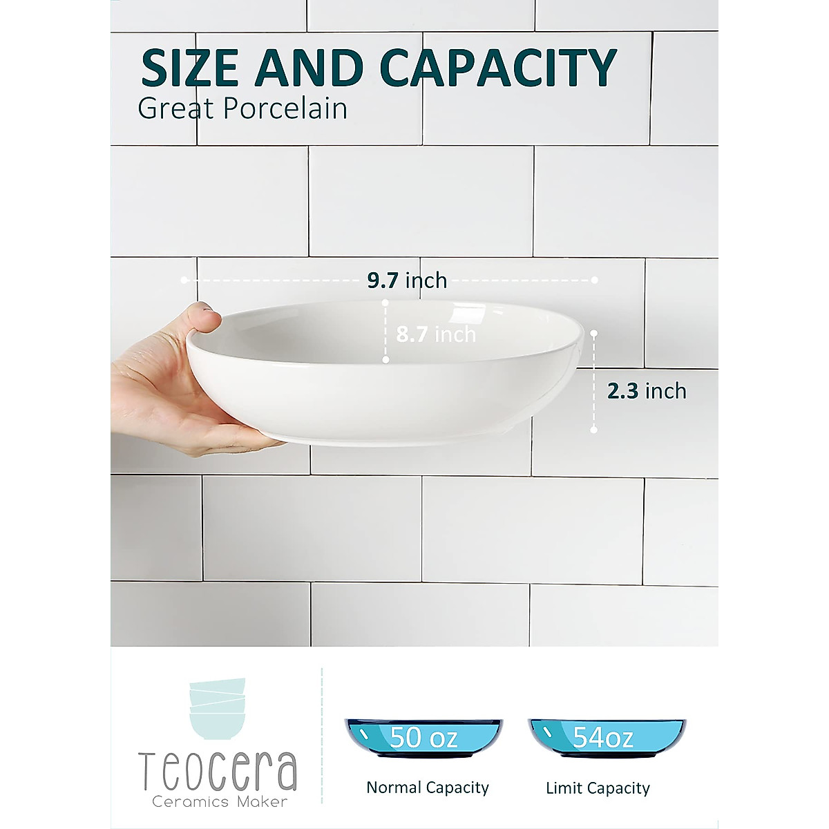 Teocera Pasta Bowls, Salad Bowls Set, Large Serving Bowls, 50 Ounce Porcelain White Bowls Set of 4 - Square Design, Microwave Dishwasher Safe