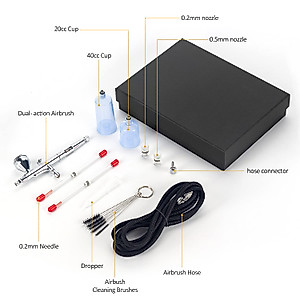 XDOVET Dual-Action Airbrush Kit Air Brush Painting Set with 0.2mm/0.3mm/0.5mm Needles,7cc/20cc/40cc Paint Cup, Air Hose for Tattoo, Makeup, Nail, Model, Art Hobby - for Pro & Beginner