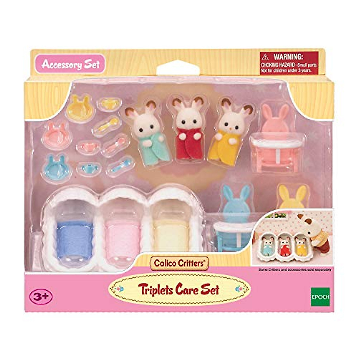 Calico Critters Triplets Care Set - Dollhouse Playset with 3 Hopscotch Rabbit Figures & Accessories Included