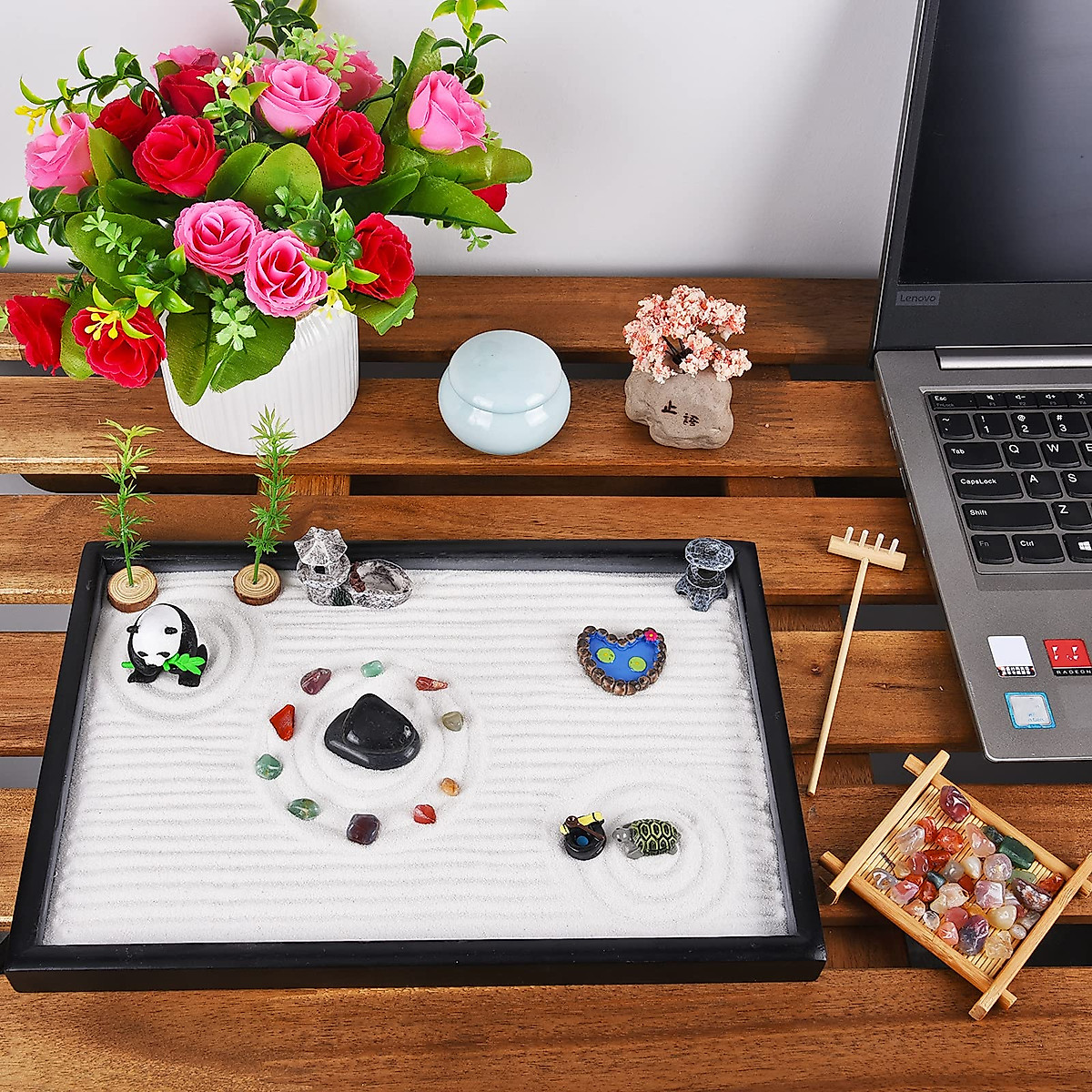 Mini Zen Garden for Desk - Japanese Zen Garden Kit with Panda 10x7- Zen Pond,Sand,Chakra Stone, Accessories - Office Desk Decor Meditation Gifts with Rake Tools Panda Gifts - Zen Garden for Kids