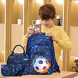 LEDAOU Backpack for Kids Boys School Bags Teen Bookbags Set School Backpack with Lunch Box and Pencil Case (Soccer Ball)