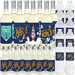 Big Dot of Happiness Blast Off to Outer Space - Mini Wine Bottle Labels, Wine Bottle Labels and Water Bottle Labels - Rocket Ship Baby Shower or Birthday Party Decor - Beverage Bar Kit - 34 Pieces