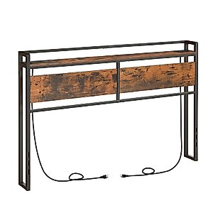 HOOBRO Headboard Queen Size, Headboard with 2 Outlets and 4 USB Ports, Adjustable Height, Storage Rack, Sturdy and Stable, Easy Assembly, Rustic Brown and Black
