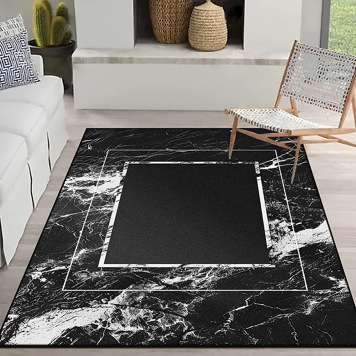 Luxurious Black Marble Rug 2x3ft Abstract Black and White Frame Area Rugs with Non Slip Rugs for Living Room Bedroom Carpet Stain Resistant, Home Decor Office Rug