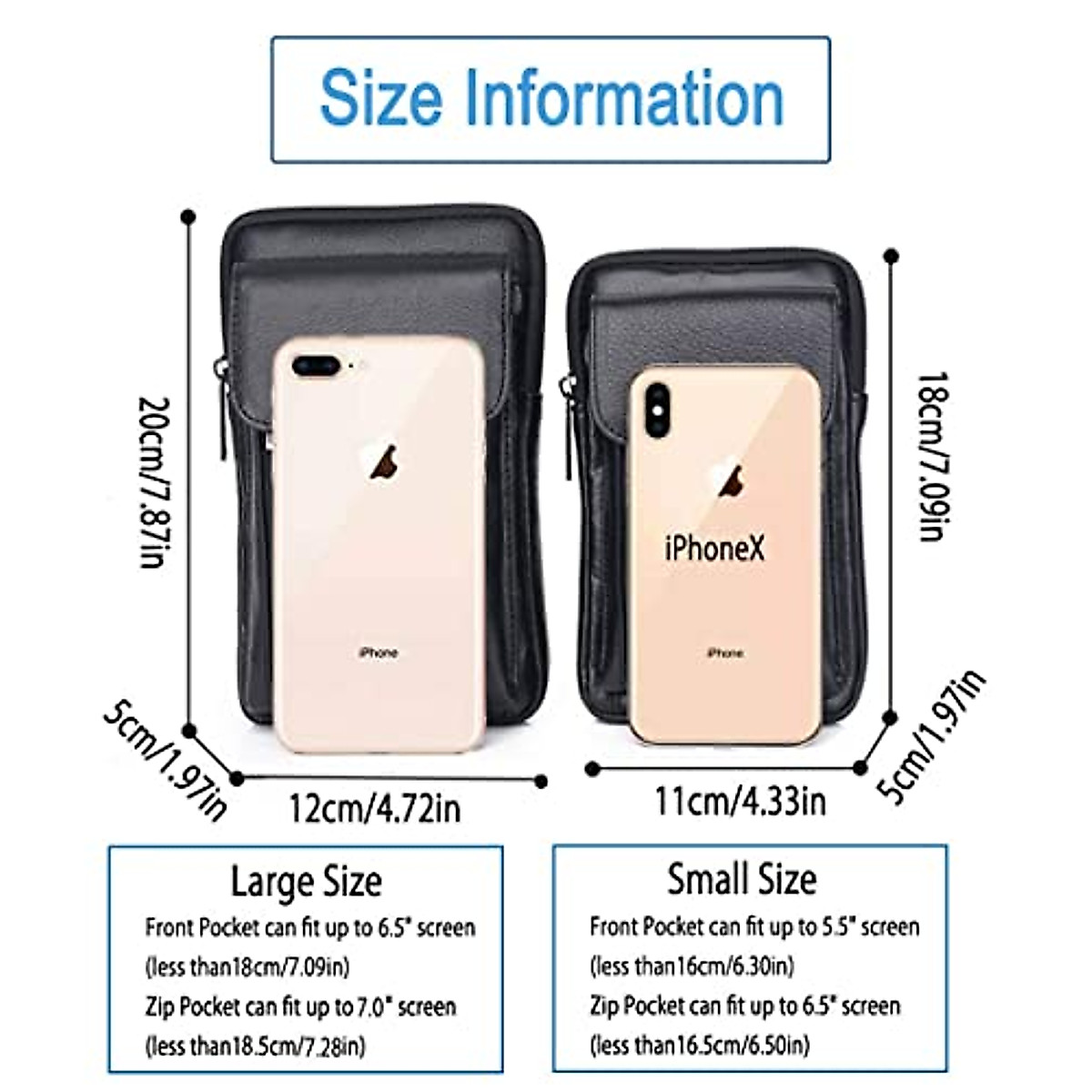 iPhone 11 Pro X Xs 8 7 Plus 6 6S Galaxy S9 S8 S7 S6 Edge Note5 Note4 A8 A8+ Leather Case Belt Holster Pouch Holder for Cell Phone Under 6.0" inch Vertical Style1-Black S Size
