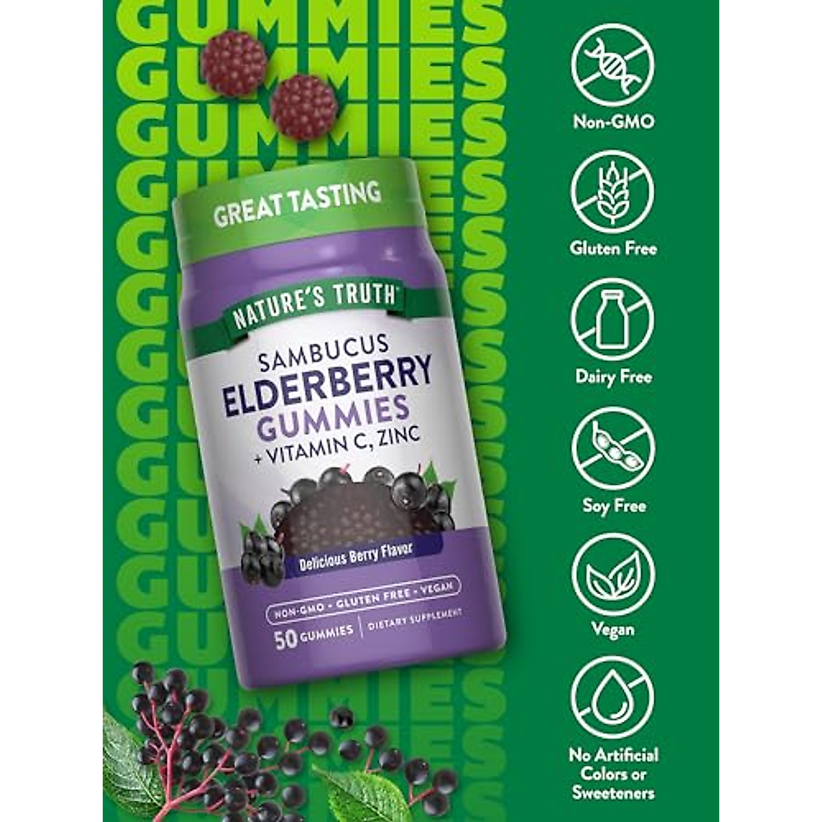 Nature's Truth Black Elderberry Gummies | 50 Vegan Gummies | with Vitamin C and Zinc | Berry Flavor | Vegan, Non-GMO, and Gluten Free Supplement