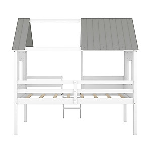 Twin House Bed for Kids Wood Low Loft Bed Frame with Windows and Roof, Easy Assembly, for Girls Boys (White+Gray)