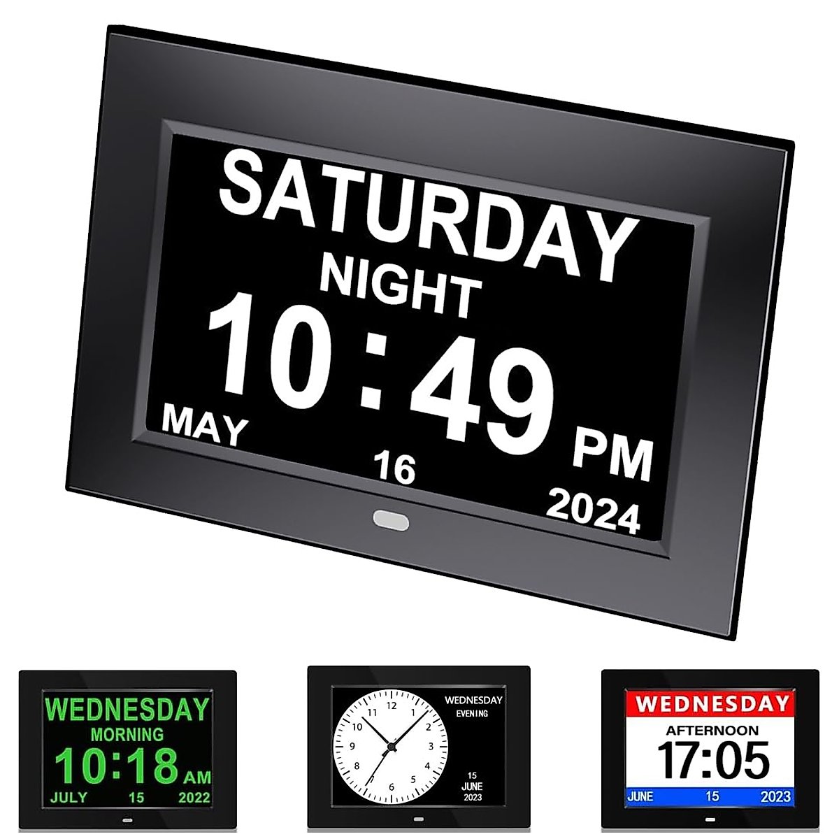 FEYBYLA Alarm Clock with Day and Date for Elderly 7inch Digital Calendar Clock Photo Frame- Auto Dimmable Display 15 Alarm Options, Clock with Non-Abbreviated Day & Month