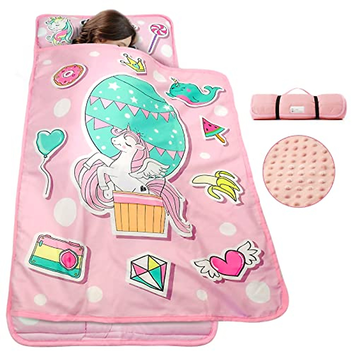 TANOSHII® Toddler Nap Mat with Pillow and Blanket, Portable Kids Sleeping Mats for Daycare, Preschool, 21" x 53", Lightweight and Soft Sleeping Bags for Kids (Unicorn, 21" x 53")