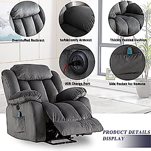 ANJ Electric Massage Power Lift Recliner Chair Sofa with Heat & Vibration for Elderly, Heavy Duty and Safety Motion Reclining Mechanism, Overstuffed Motorized Reclining Chairs with USB Port (Grey)