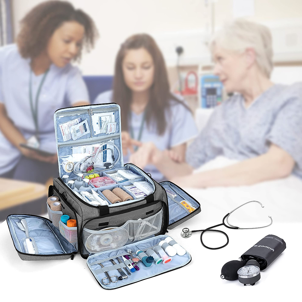 Trunab First Responder Bag Empty, Professional Medical Supplies Bag First Aid Kits Bag with Inner Dividers for Home Health Nurse, Community Care, EMT, EMS, Bag Only, Grey - Patented Design