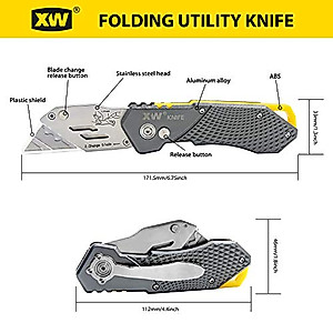 XW Folding Utility Knife, Heavy Duty Box Cutter with Belt Clip, Quick Change Blades, Anodized Aluminum Alloy Handle, Extra 10 Blades Included, 2-Pack