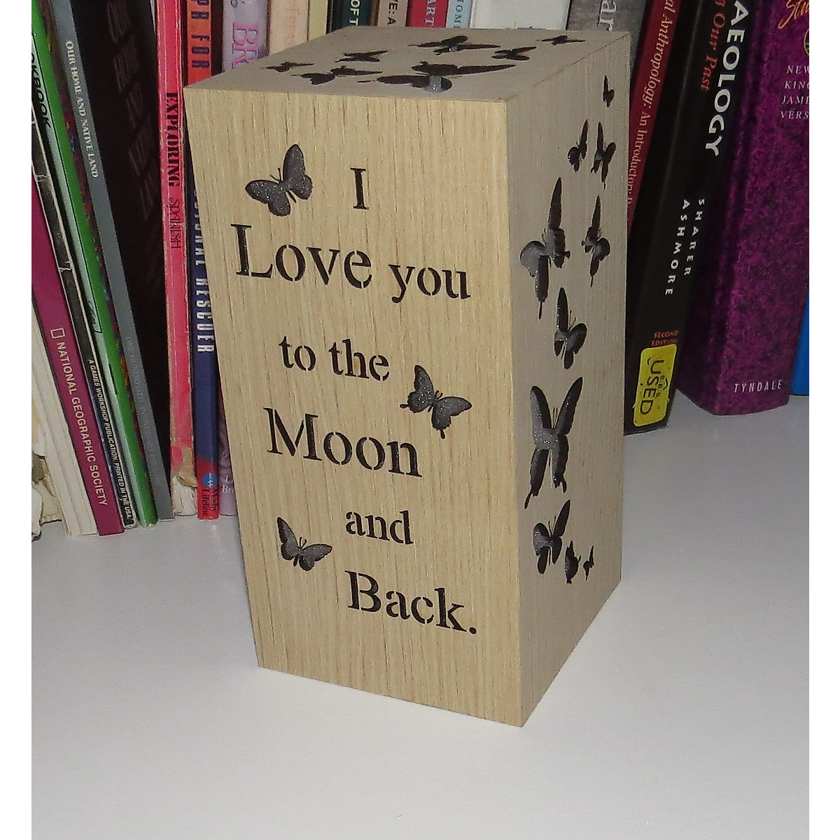 UNIDECO Wooden Butterfly Décor for Bedroom - 8.0 Inch Wood I Love You to The Moon and Back - Battery Powered Cordless Nite Lite - LED Operated Lights - Accent Night Lamp - Butterflies Gifts