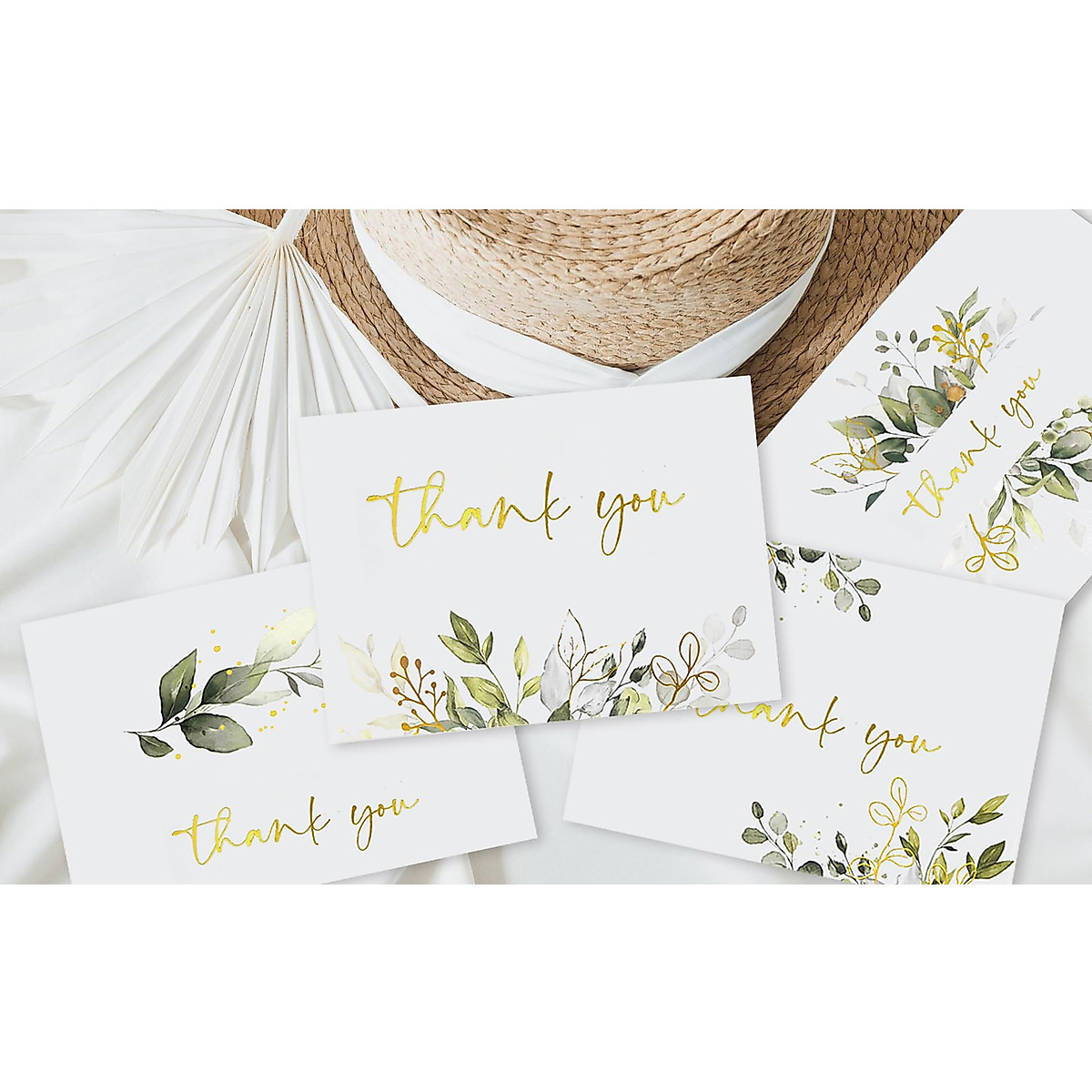 VEEYOL 100 Gold Foil Greenery Thank You Cards with Envelopes, Watercolor Foliage Thank You Notes For Wedding, Baby Shower, Graduation, Bridal, Business, Anniversary