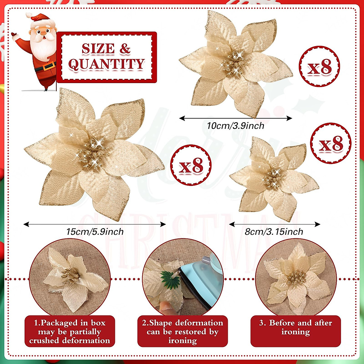 WILLBOND 24 Pieces 3 Size Christmas Glitter Poinsettia Flowers Wedding Faux Flowers Christmas Decoration Ornaments for Tree Outdoor(3.2/4/6 Inches,Champagne)
