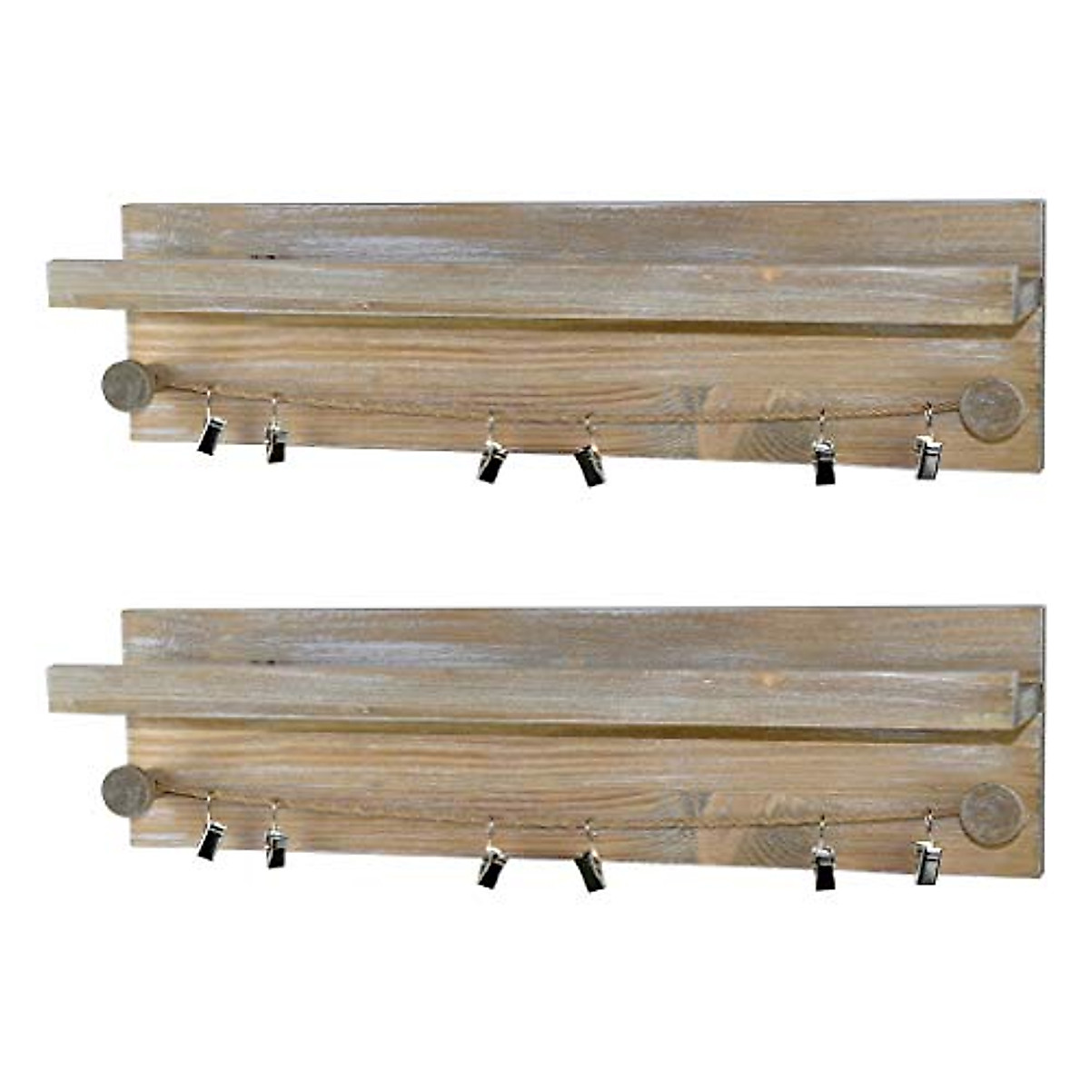 DUCIHBA Set of 2 Wall Mounted Picture Ledge Display Floating Shelves, Twine Cords with Metal Clips to Hanging Photos, Prints, Artwork for Nursery, Living, Bedroom, Rustic Torched Wood, Farmhouse Gray