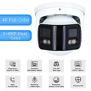 EmpireTech Security Camera Outdoor 4K Full-Color 2×4MP Dual-Lens 1/1.8" CMOS Smart Splicing IP POE Camera Outputs 180° Wide Angle, Two-Way Talk IPC-Color4K-T180 (White)