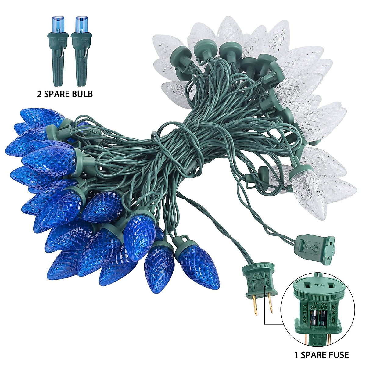 Brightown C9 LED Christmas String Lights, 33ft 50 LED Waterproof Strawberry String Lights, Extendable Green Wire Lights String for Outdoor Indoor Patio Party Decoration, Blue and White