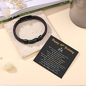 Happy Birthday Cool Gifts for Mens Brown Leather Braided Bracelets for Dad Grandpa Brother Birthday Decorations Gifts for Him Stainless Steel Clasp Man Jewelry 7.5 Inches