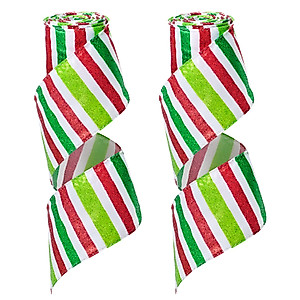 obmwang 2 Rolls Christmas Glitter Stripes Wired Edge Ribbon Red White Green Stripes Ribbons Wired Christmas Holiday Ribbon for DIY Craft Bows Xmas Tree Decoration, 2.52" x 6.56 Yards