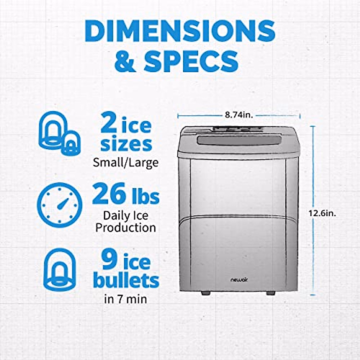 Newair 26 lbs. Countertop Ice Maker, Portable and Lightweight, Intuitive Control, Large or Small Ice Size, Easy to Clean BPA-Free Parts, Perfect for Cocktails, Scotch, Soda and More