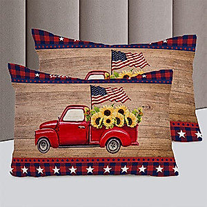 Durable Duvet Cover Set 3 Piece Bedding Sets Queen Size, Car with Flag Sunflower Independence Day Red Buffalo Checkered Comforter Set Soft Microfiber Bedding with 1 Comforter Cover, 2 Pillowcases