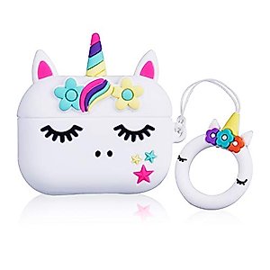 Jowhep Case for AirPod Pro 2019/Pro 2 Gen 2022 Cartoon Cute Silicone Cover with Keychain Fashion Funny Soft Protective Skin for Air Pods Pro Girls Kids Kawaii Shell Cases for AirPods Pro White Unicorn