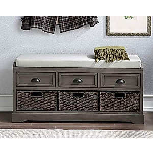 P PURLOVE Storage Bench Homes Collection Wicker Storage Bench with 3 Drawers and 3 Woven Baskets, Wood Entryway Shoe Bench for Hallway, Entryway, Mudroom and Living Room