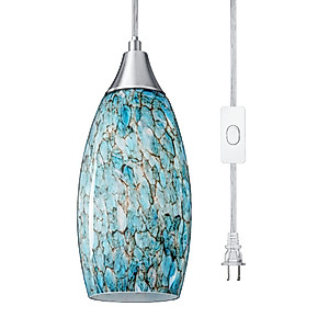 DEWENWILS EDISHINE Plug in Pendant Light, Hanging Light with15FT Adjustable Cord, On/Off Switch, Handcrafted Art Glass Shade, Hanging Light Fixture for Kitchen, Bathroom, Entryway, Light Blue