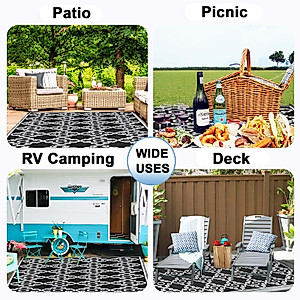 OutdoorLines Outdoor Reversible Rugs for Patio 4x6 ft - Outside Plastic Carpet, Stain & UV Resistant Portable RV Mat, Straw Rug for Camping, Backyard, Deck, Picnic, Porch Moroccan Flower Black & White