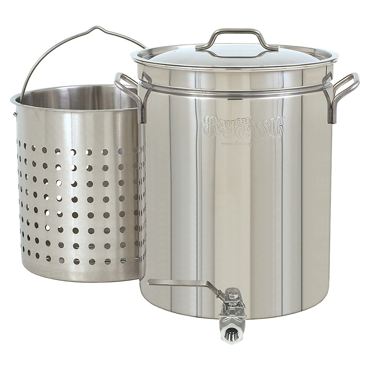 Bayou Classic 1140 40-qt Stainless Stockpot w/ Elevated Steam Basket and Spigot Features Stainless Ball Valve Spigot, Heavy Welded Handles Stainless Vented Lid Stainless Perforated Basket